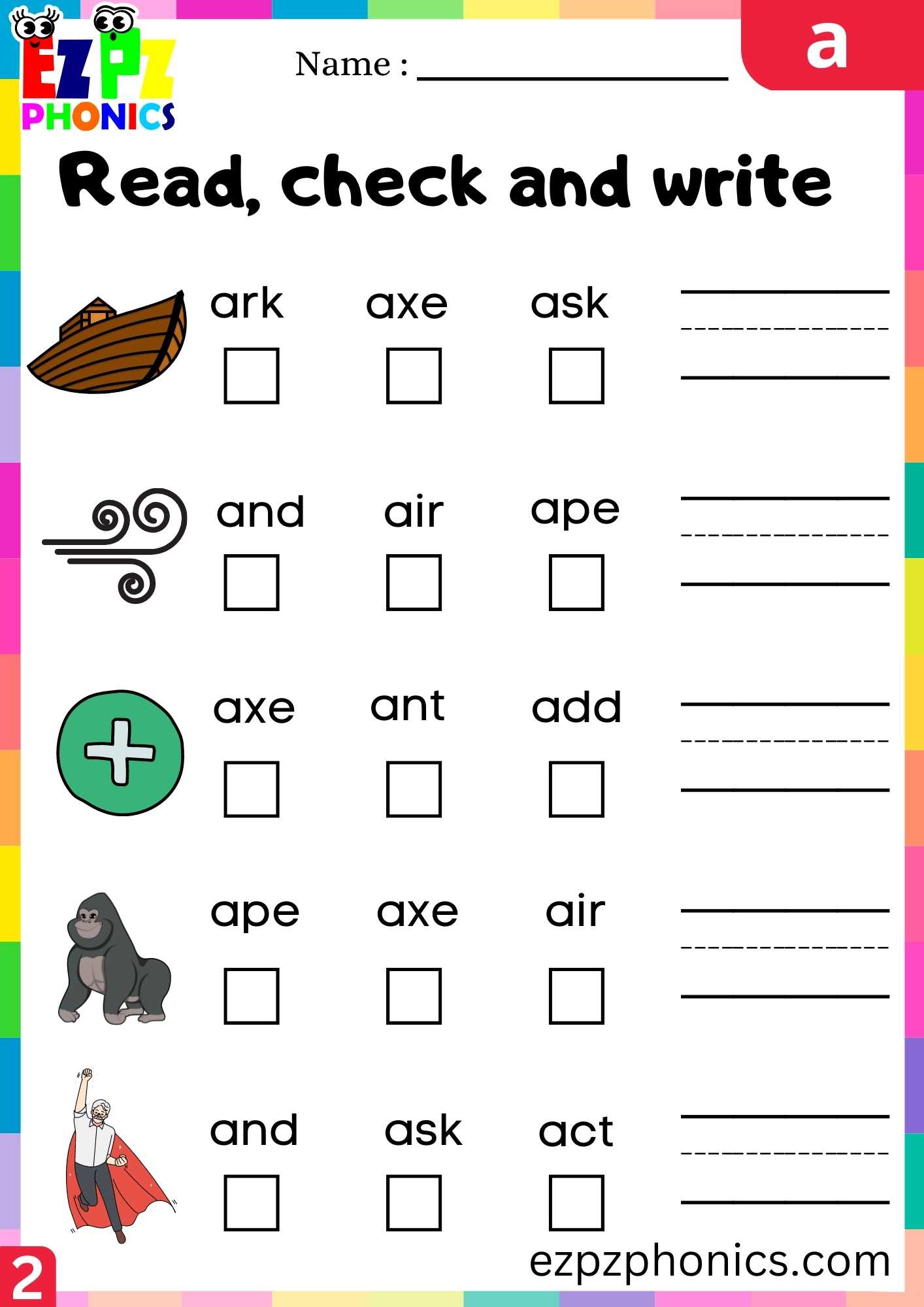 Group2 Letter a Read, Check and Write Beginning Sounds Worksheet - ezpzphonics.com
